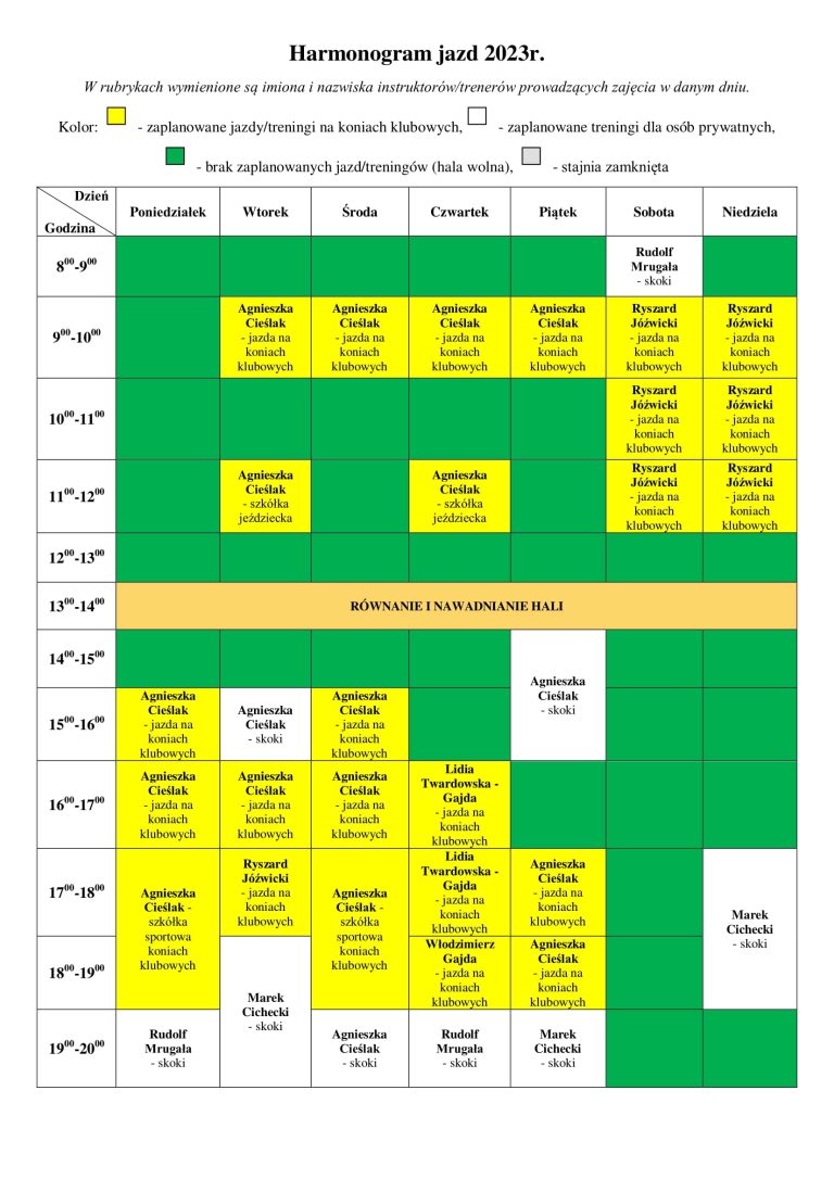 Harmonogram jazd - Ludowy Klub Jeździecki "Ostroga" Opole
